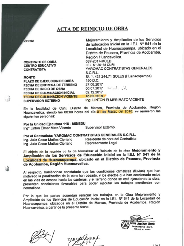 Modelo de Acta de Paralización y Reinicio de Obra PDF | PDF