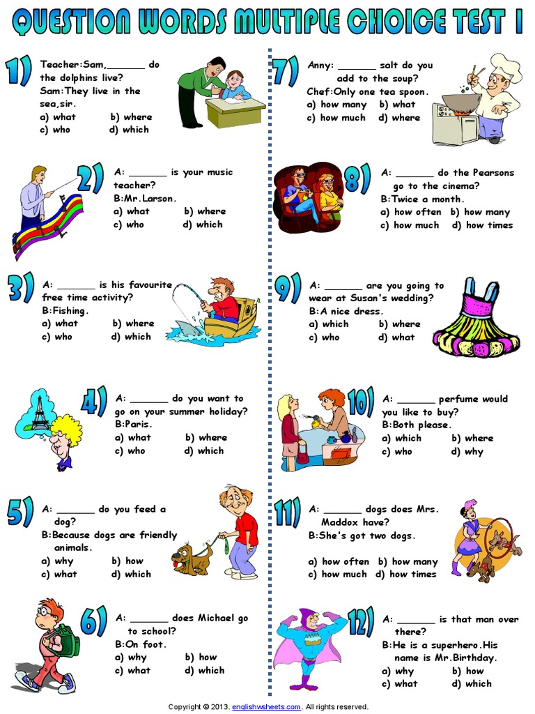 Question Words Multiple Choice Test 1 What Who Where Which How Why How ...