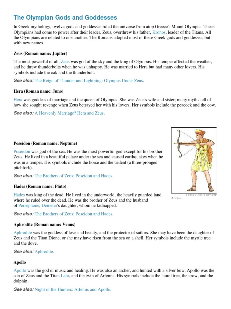 Greek Mythology Gods And Goddesses Names And Powers