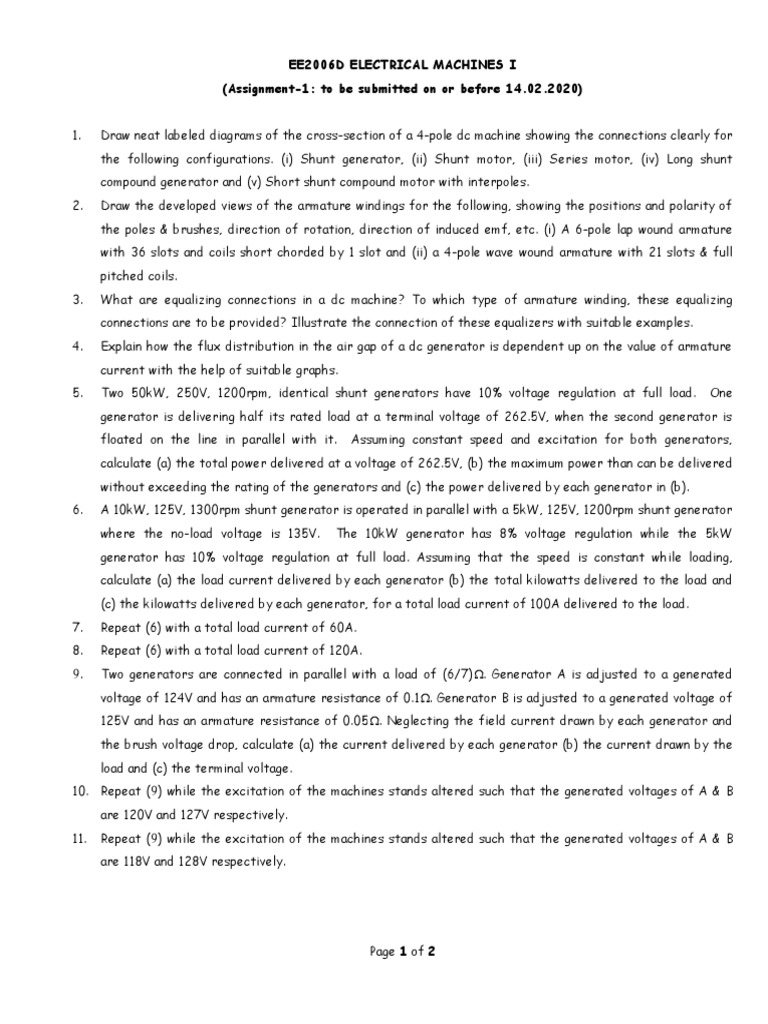 EE2006D Assignments 1-2 2020 | PDF | Electric Motor | Electric Generator