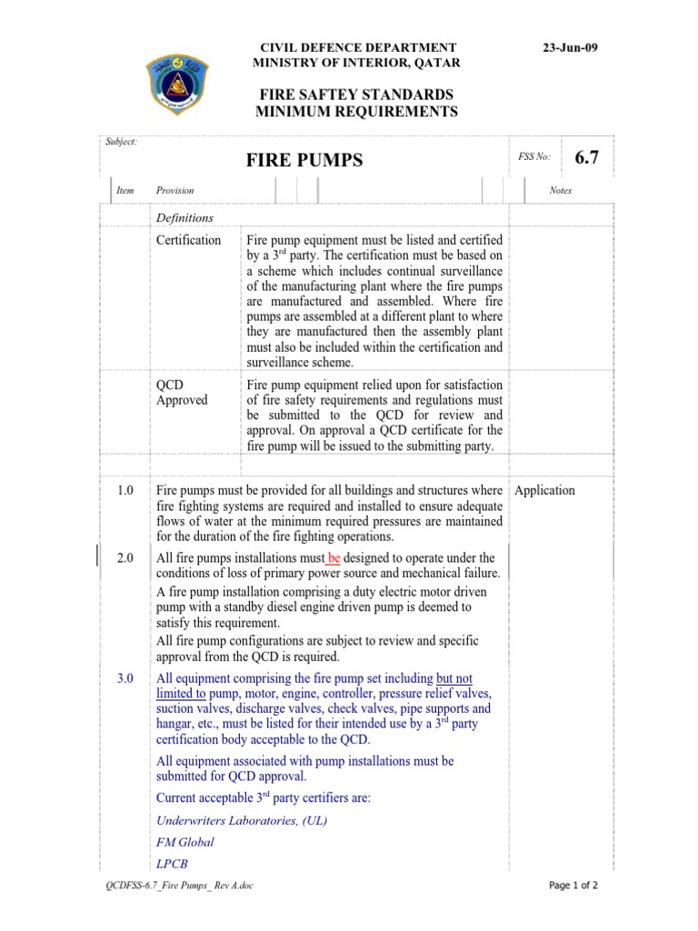Minimum Fire Safety Standards for Fire Pump Installations | PDF | Pump ...