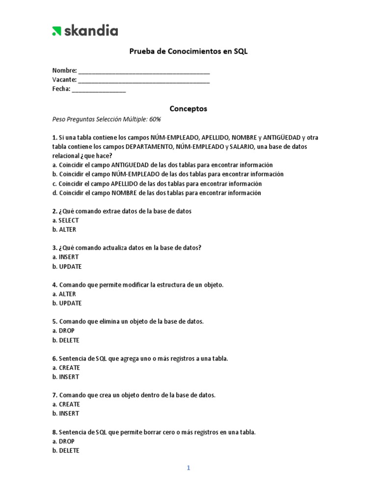 Prueba de Conocimientos en SQL | PDF | SQL | Ciencias de la Información