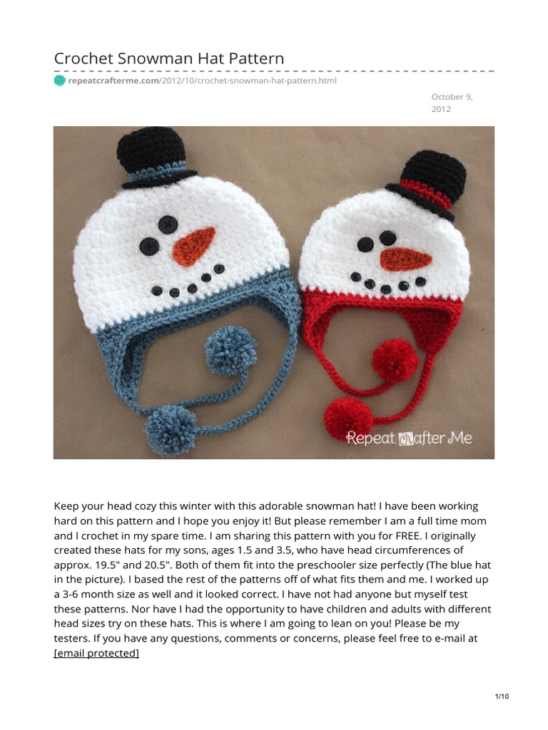 Free Crochet Snowman Hat Pattern | PDF | Worsted | Crochet