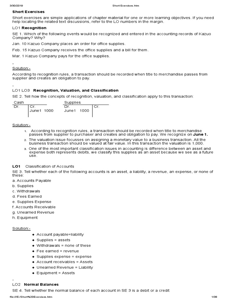 Short Exercises | PDF | Debits And Credits | Expense
