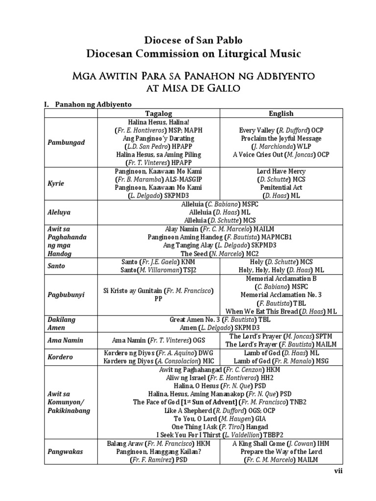 Mga Awitin Para sa Panahon ng Adbiyento at Misa de Gallo | PDF ...