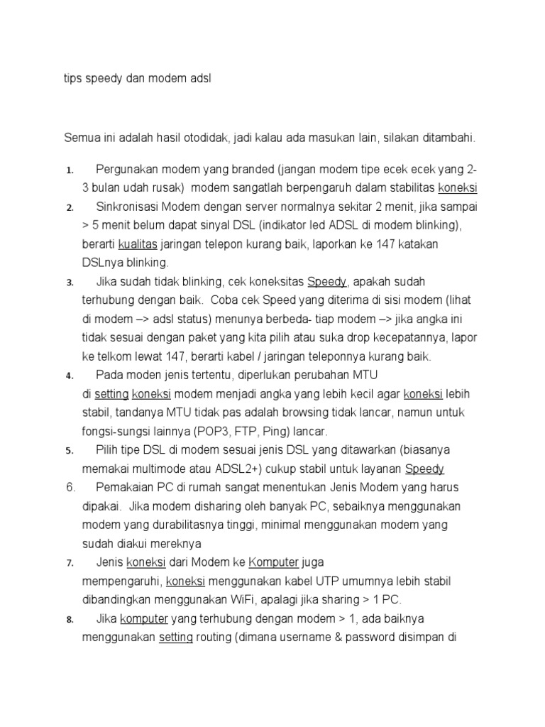 Tips Speedy Dan Modem Adsl | PDF