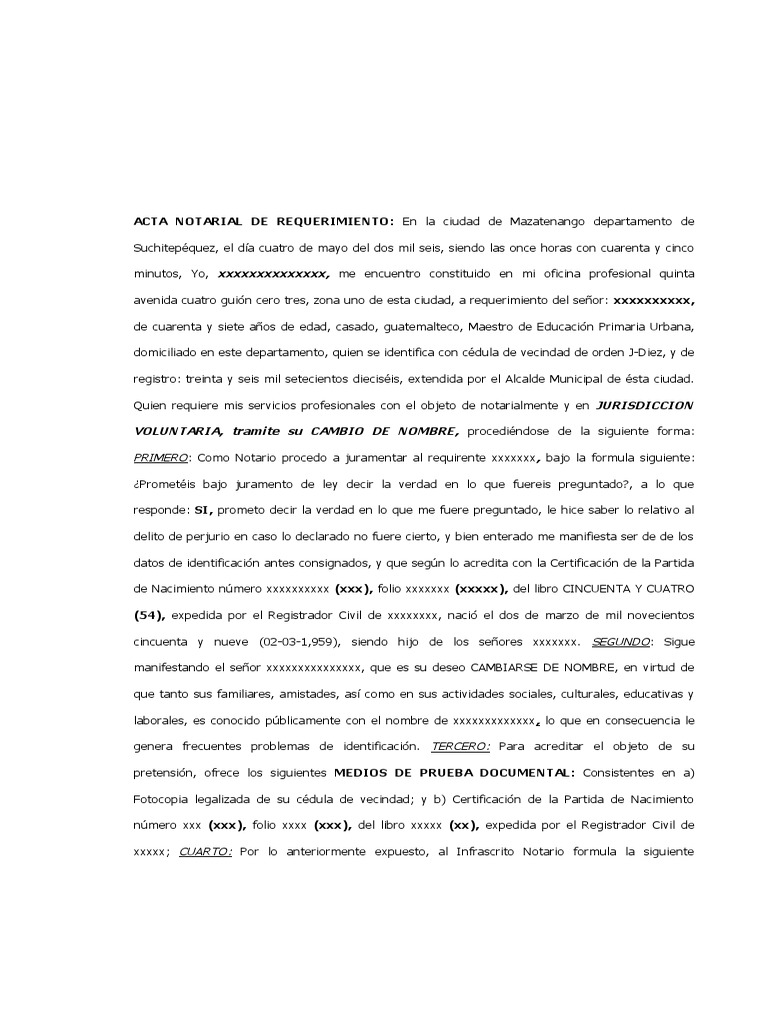 Acta Notarial De Requerimiento Cambio De Nombre Pdf Instituciones