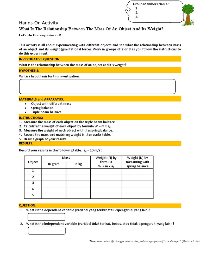 Hands On Activity-Relationship Mass and Weight PDF | PDF | Weight ...