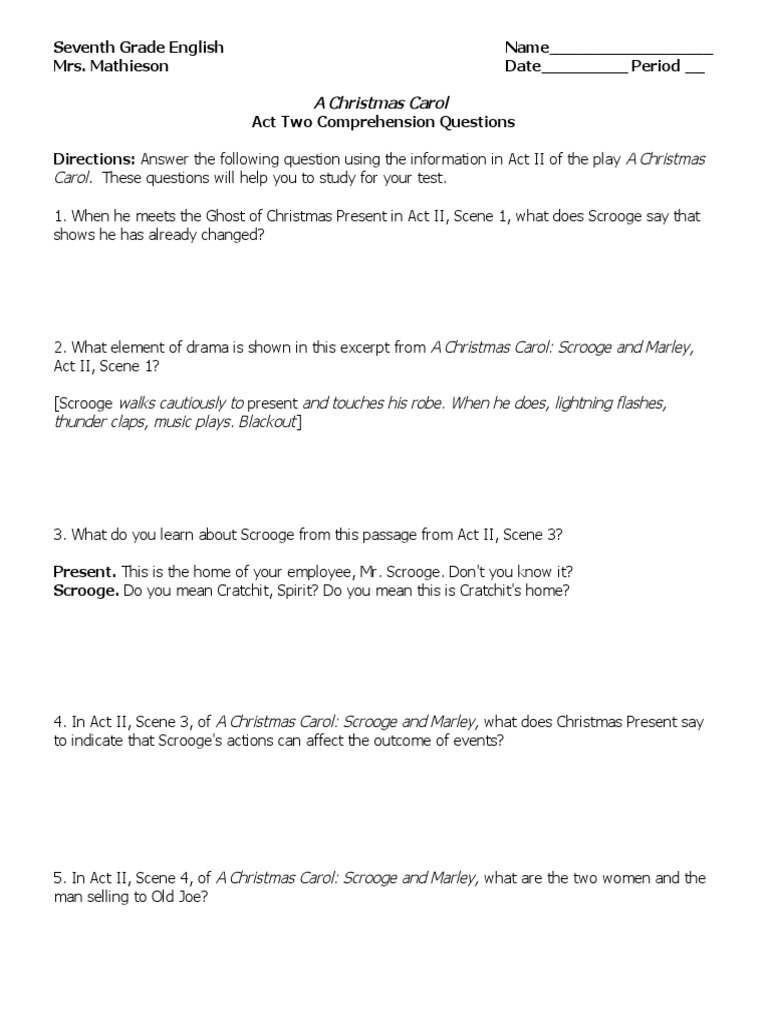 A Christmas Carol Act II Questions | PDF | Ebenezer Scrooge | A ...