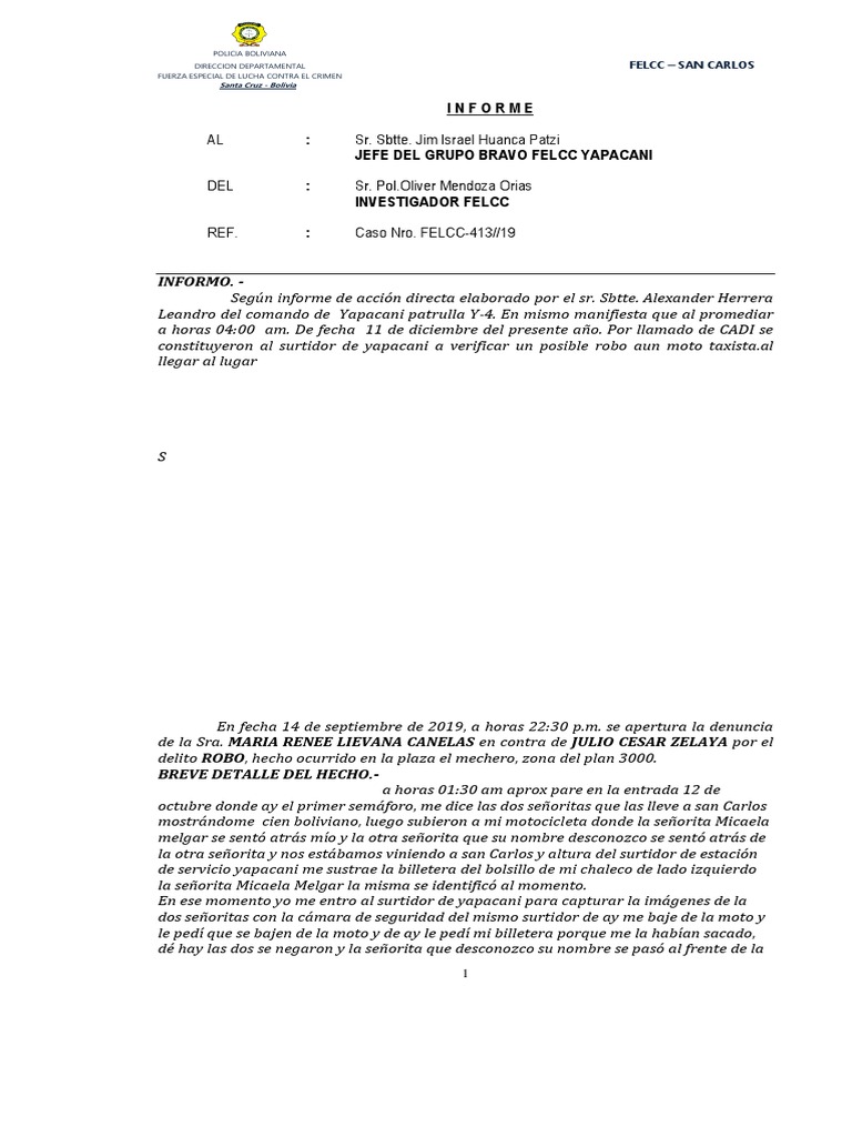 INFORME CASO Robo 413 | PDF | Seguridad Pública | Bolivia