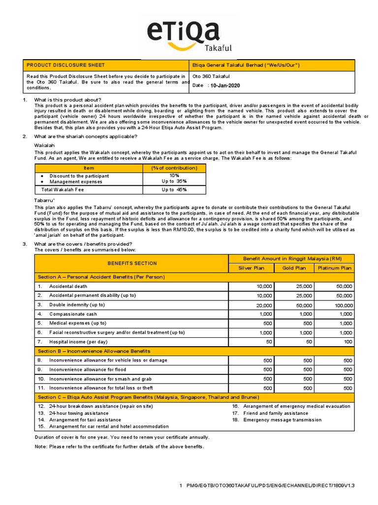 Oto 360 Takaful: Product Disclosure Sheet for a Personal Accident and ...
