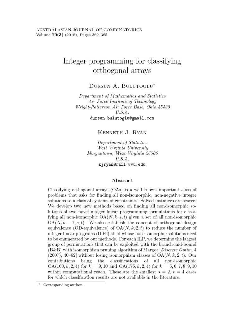 Integer Programming For Classifying Orthogonal Arrays Pdf 0119