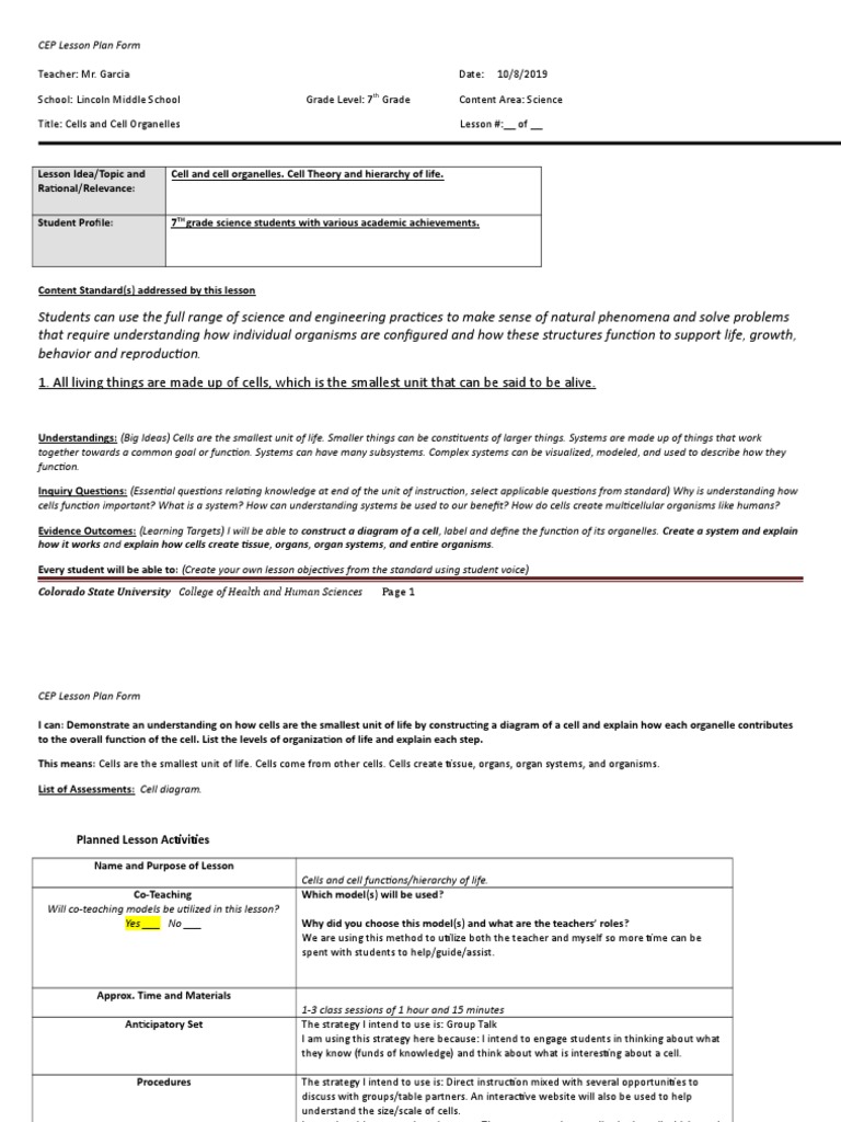 Cep Lesson Plan Cells | Download Free PDF | Lesson Plan | System
