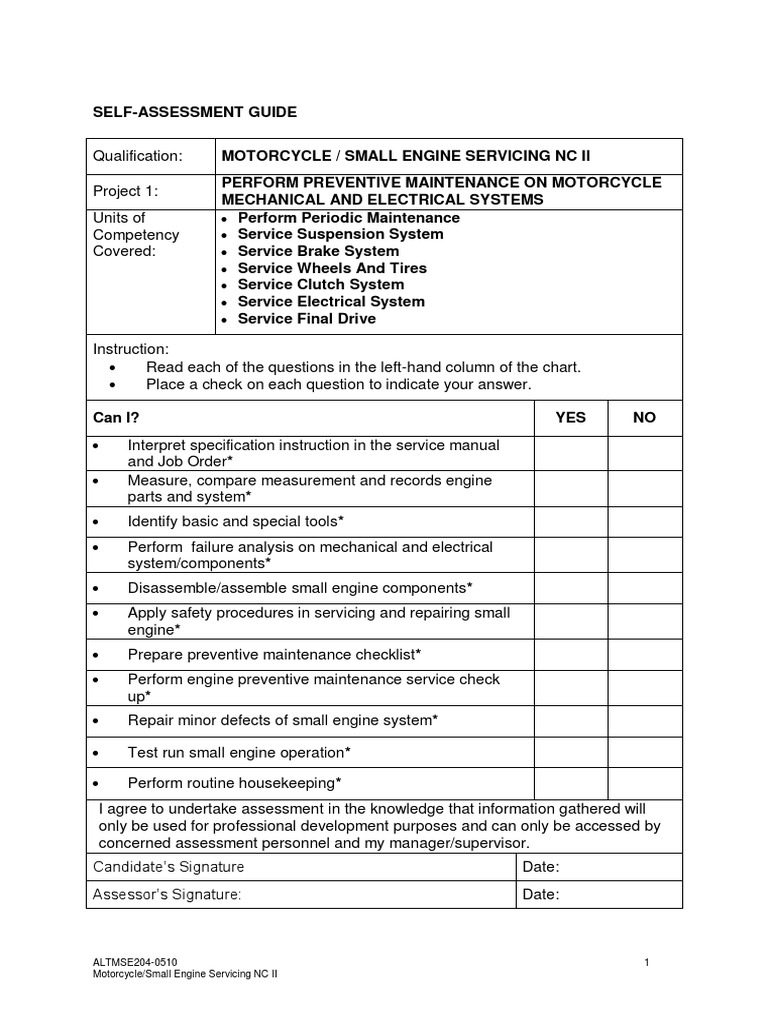 SAG Motorcycle Small Engine Servicing NC II PDF | PDF | Failure ...