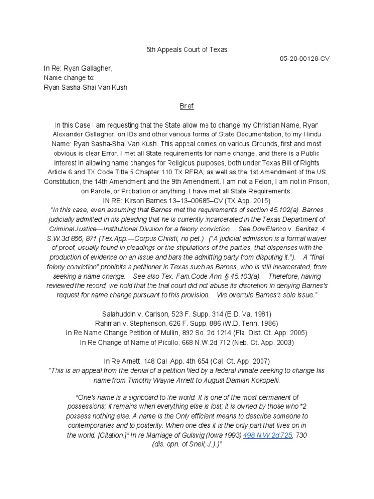 Name Change Brief Rev Ryan Sasha-Shai Van Kush | PDF | Felony | Judiciaries