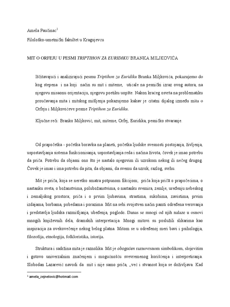 Mit o Orfeju U Pesmi Triptihon Za Euridiku Branka Miljkovića | PDF