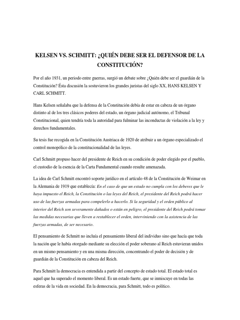 Kelsen VS Schmitt | PDF | Constitución | Teorías sociológicas Kelsen VS Schmitt | PDF | Constitución | Teorías sociológicas
