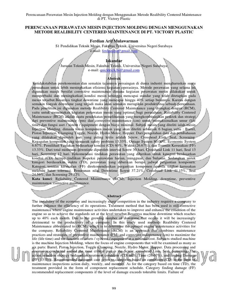 PERENCANAAN PERAWATAN MESIN INJECTION MOLDING DENGAN MENGGUNAKAN METODE ...