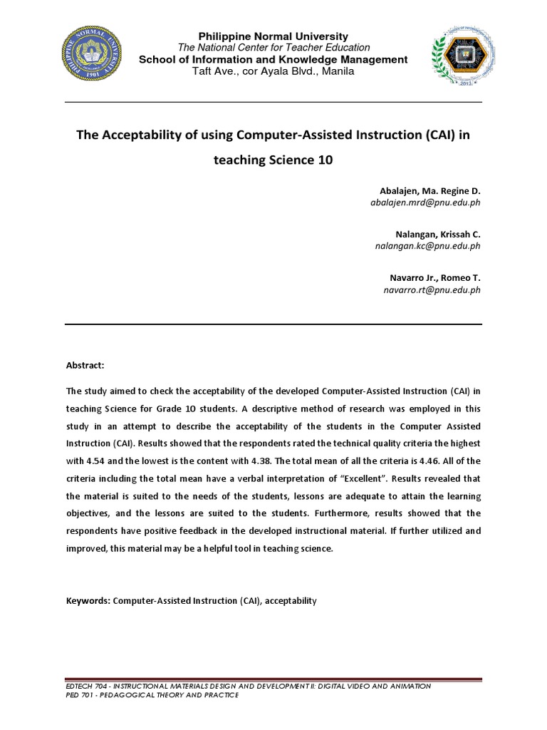 CAI Acceptability in Grade 10 Science | PDF | Educational Technology ...