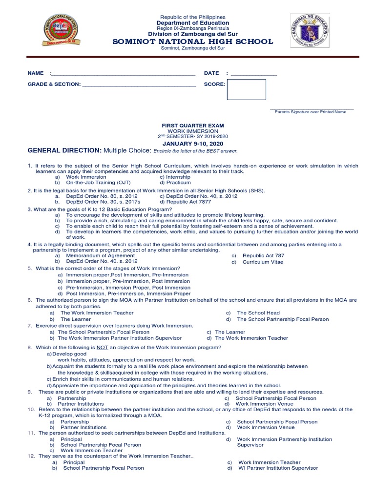 1st Quarter Exam for 2nd Semester- Work Immersion | Learning | Employment