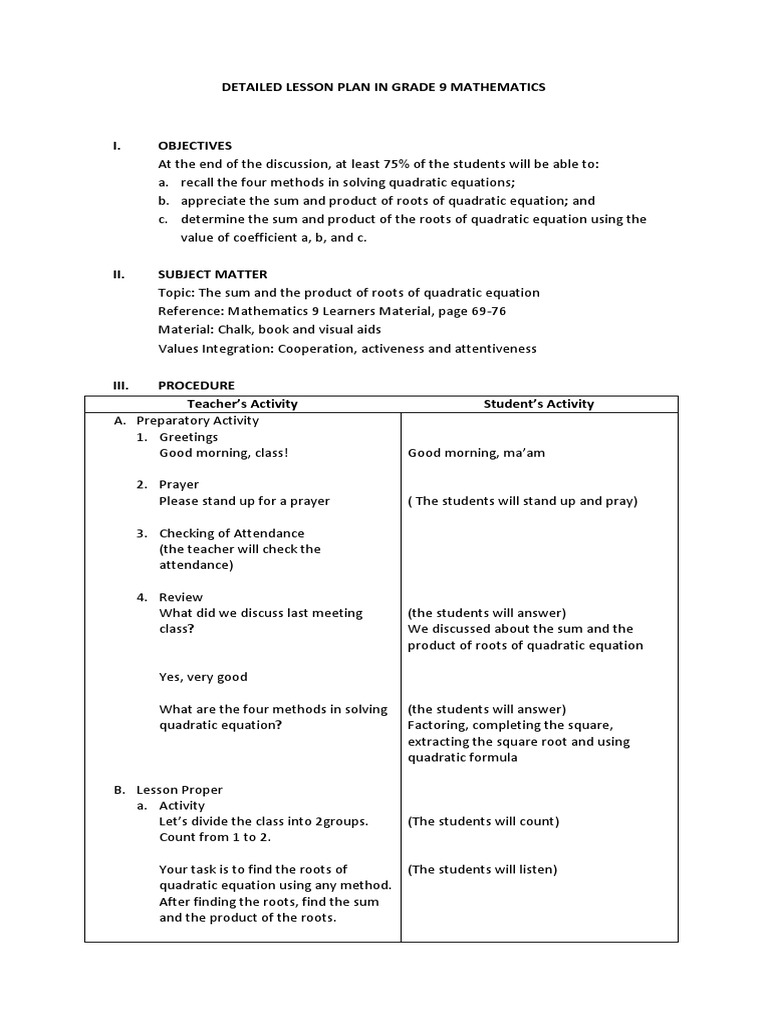 Detailed Lesson Plan in Grade 9 Mathematics - Lesson5 | PDF | Quadratic ...