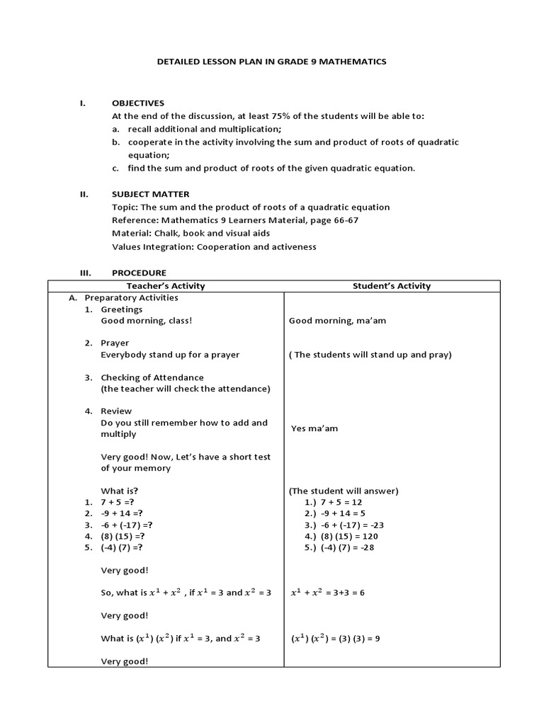 Detailed Lesson Plan in Grade 9 Mathematics-Lesson 4 | Download Free ...