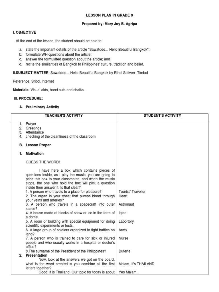 Grade 8 | PDF | Lesson Plan | Cognition