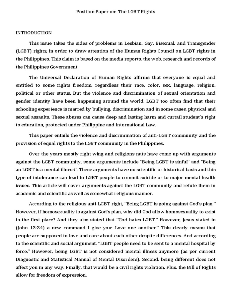 Position Paper of LGBT | PDF | Homosexuality | Lgbt Rights In The ...