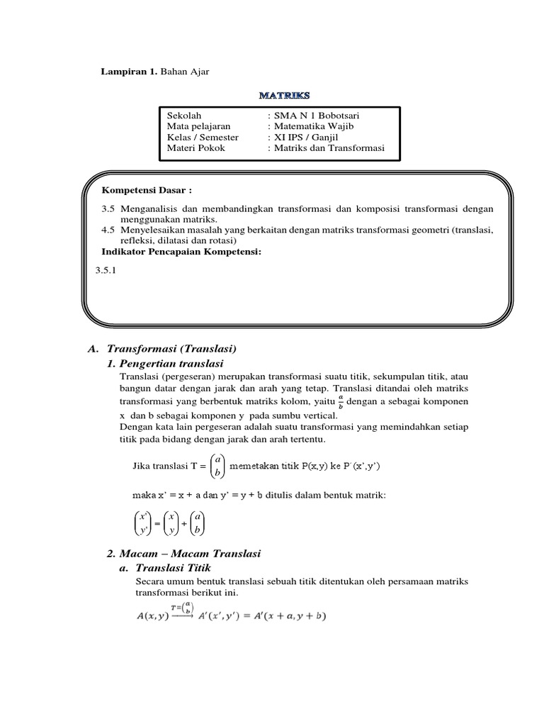 Lampiran 1 Bahan Ajar Matriks Transformasi | PDF