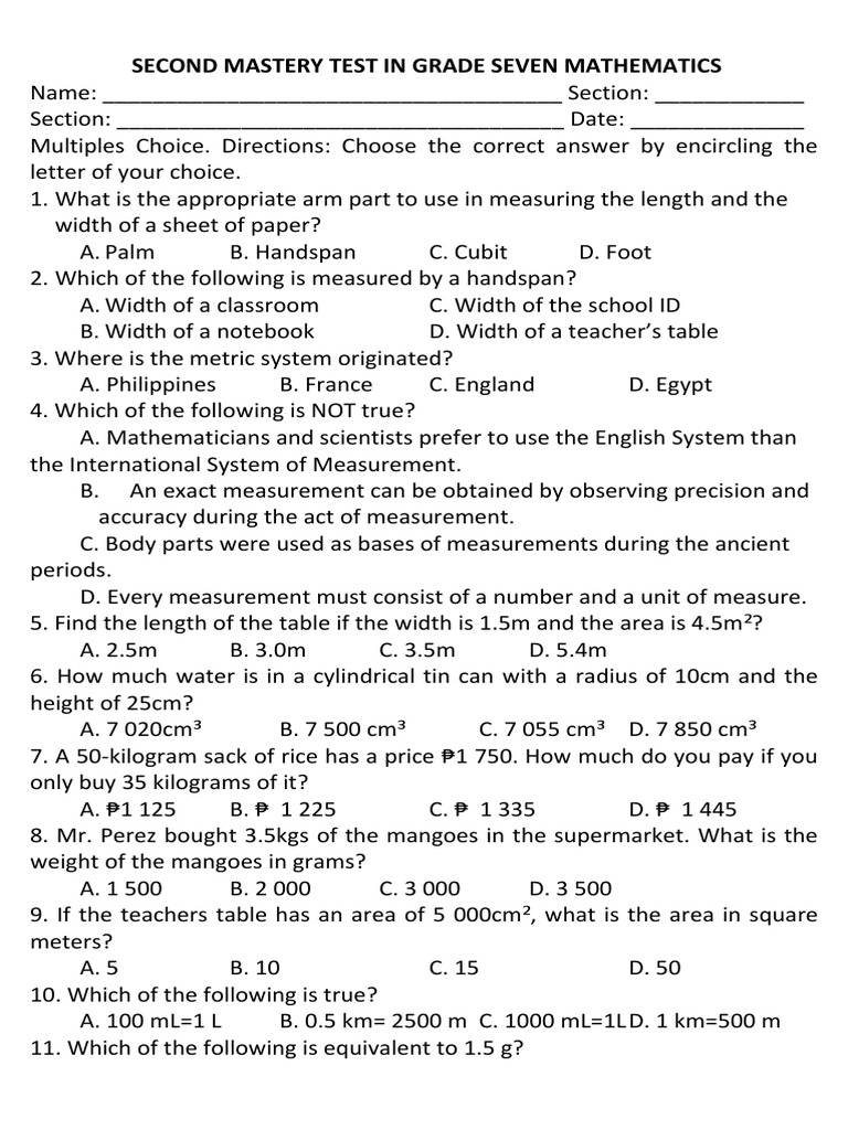 Math 7 Mastery Test | PDF | Algebra | Teaching Mathematics