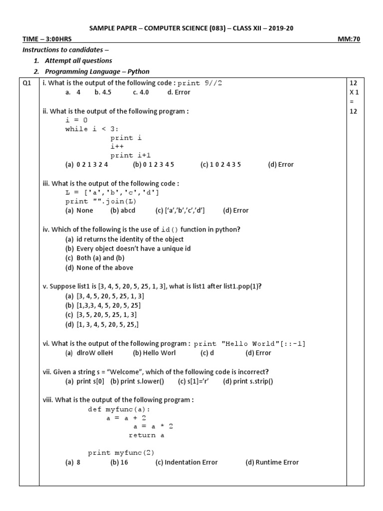 SAMPLE PAPER-II - Class XII (Computer Science) QP With MS BP | Download Free PDF | Hypertext ...