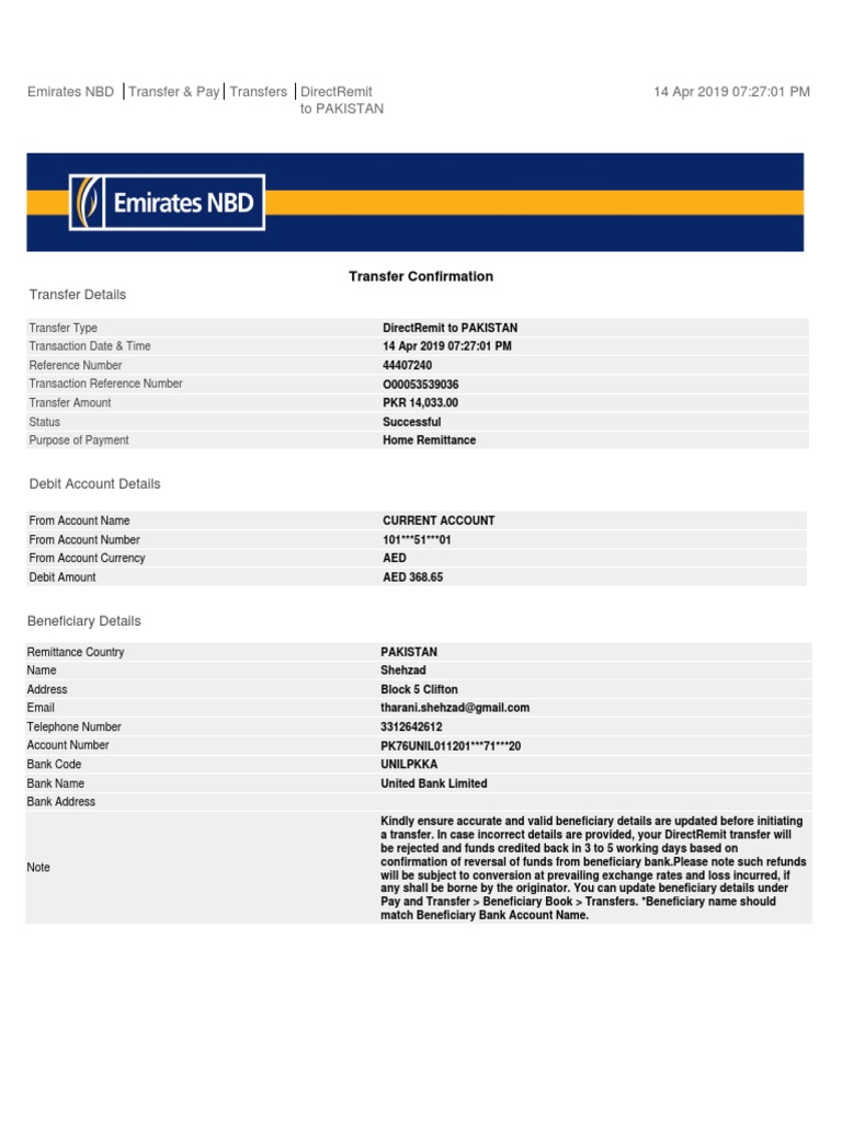 Emirates NBD Transfer to Pakistan Successful | PDF | Financial ...
