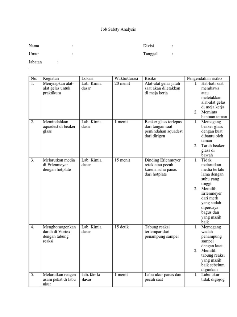 Contoh Job Safety Analysis Laboratorium | PDF