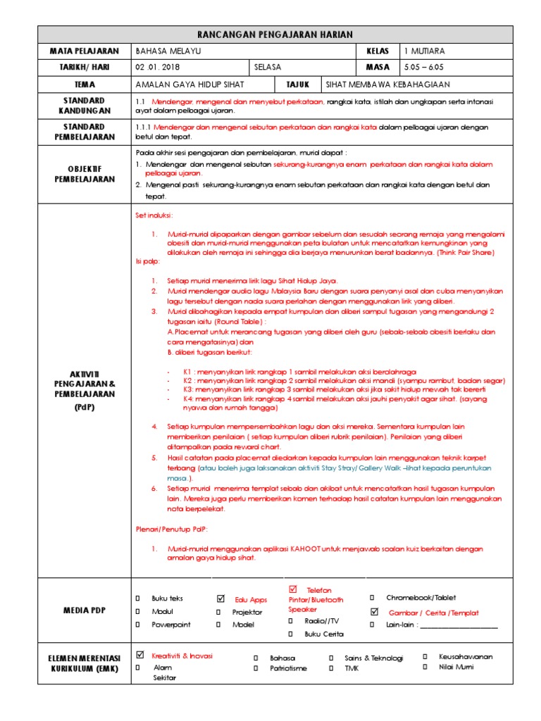 Contoh RPH BAHASA MELAYU 2018 | PDF