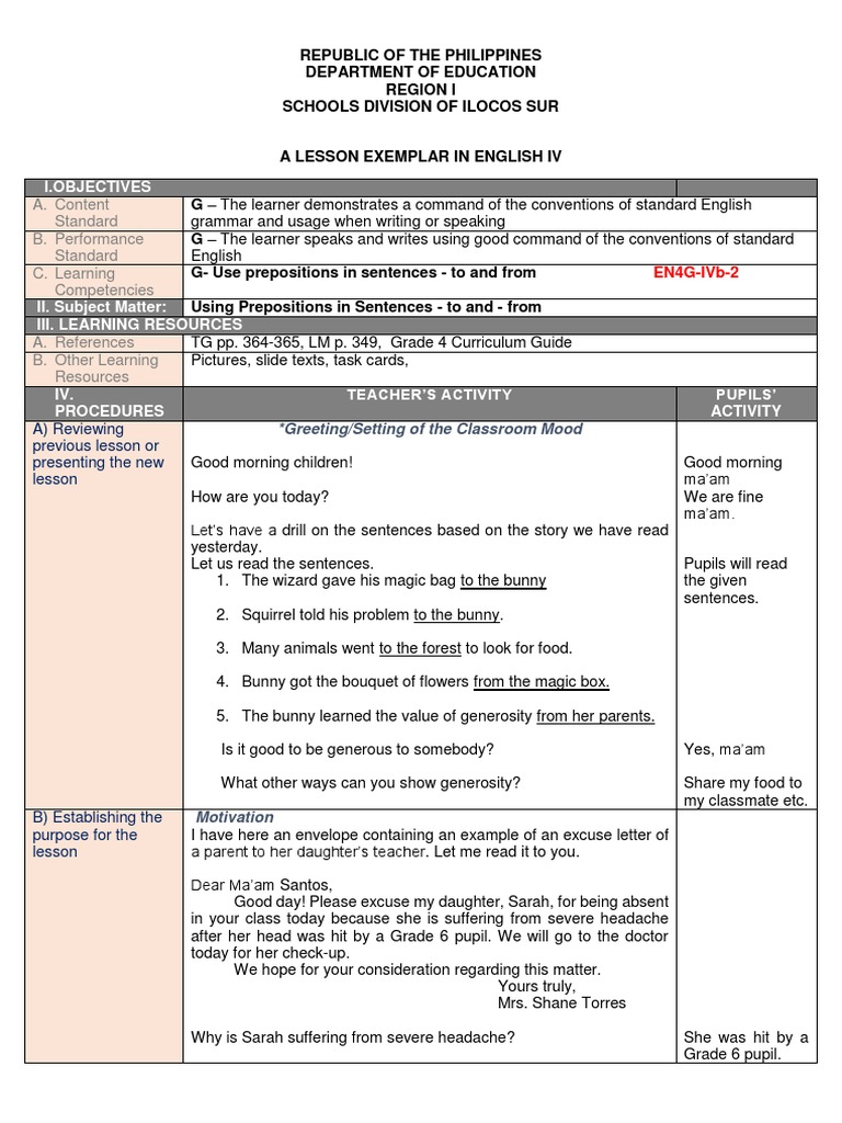 Grade 4 English Lesson Exemplar: Prepositions | PDF | English Language ...