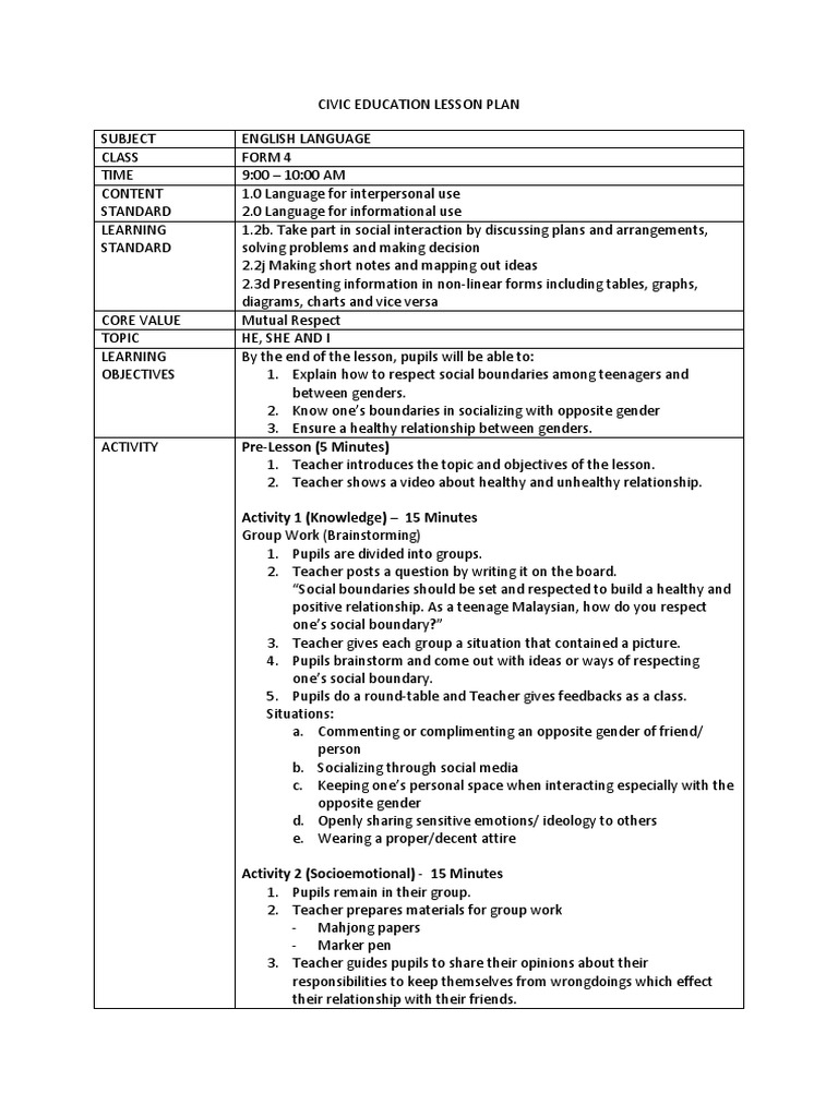 Civic Education Lesson Plan | PDF | Gender | Gender Studies