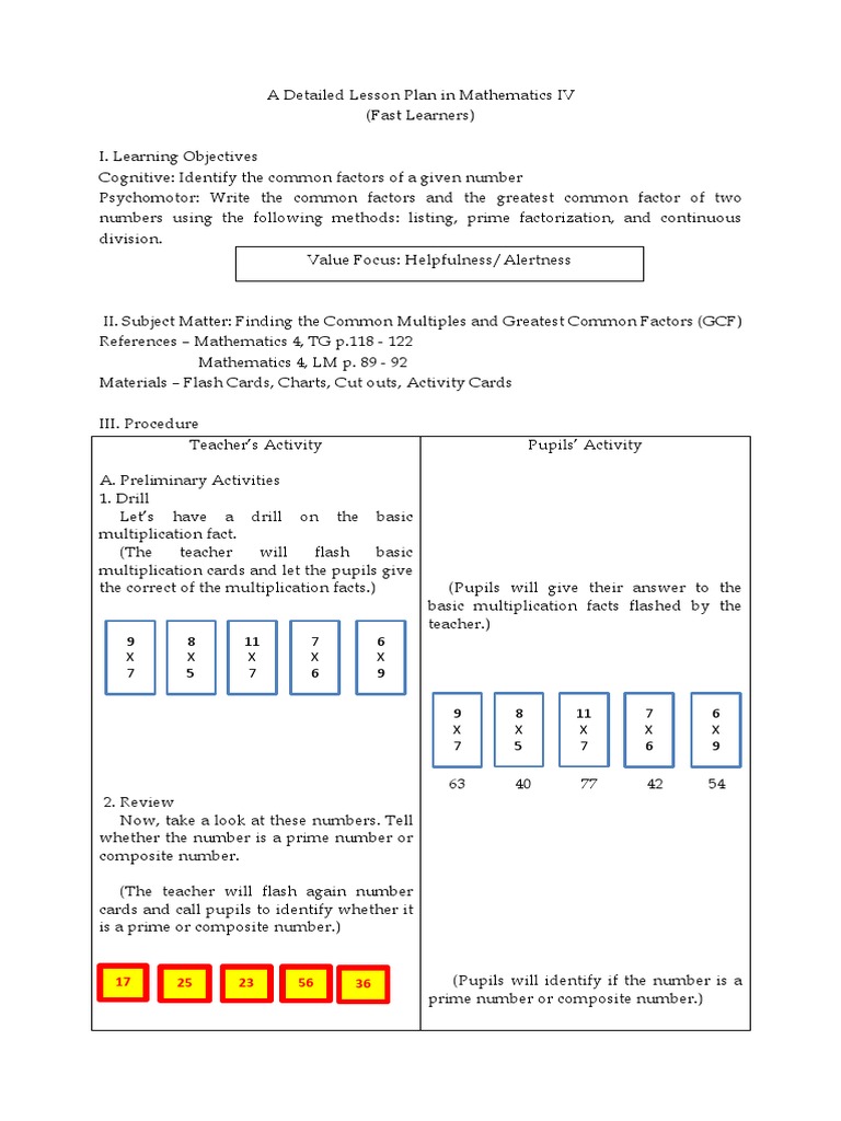 A Detailed Lesson Plan in Mathematics GCF FAST | PDF | Educational ...