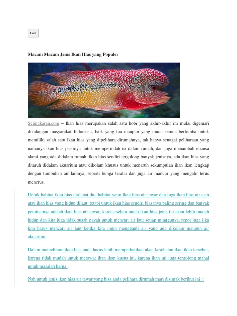 Macam Macam Jenis Ikan Hias Yang Populer Dan Perawatan Ikan | PDF