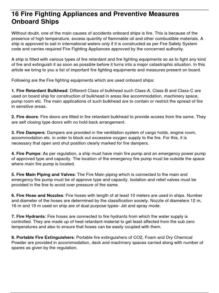 16 Fire Fighting Appliances and Preventive Measures Present Onboard ...