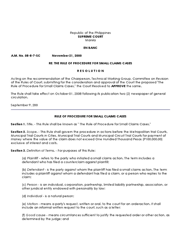 The Rule of Procedure For Small Claims Cases | PDF | Lawsuit ...