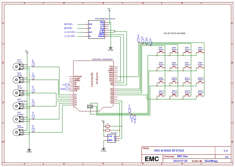 Wiring diagram for an Arduino-controlled motor driver circuit using a ...