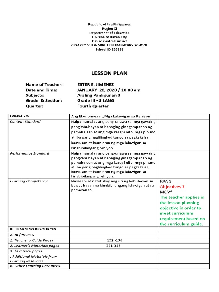 COT - DLP - Araling Panlipunan 3 DEMO TEACHING 2020 | PDF
