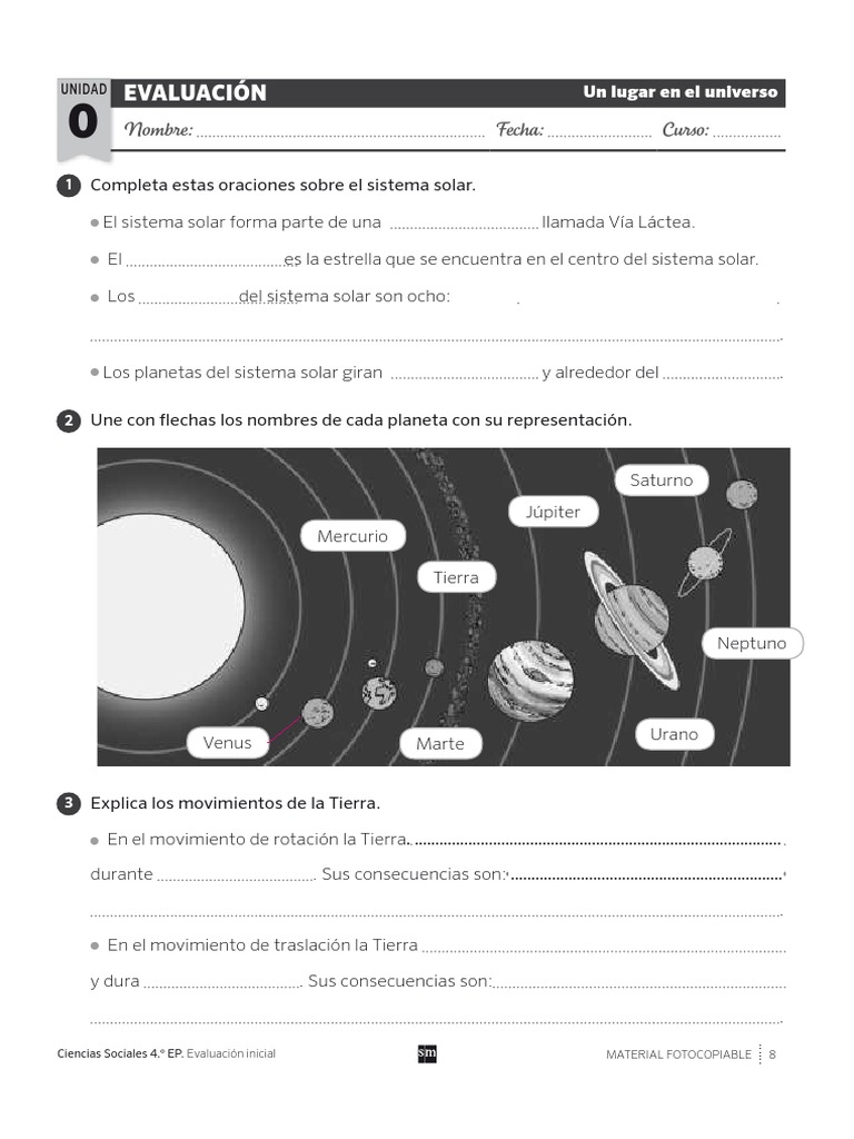 Prueba Del Sistema Solar Teachervision Evaluación Sistema Solar