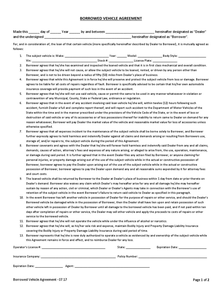 Dealers Borrowed Vehicle Agreement | PDF | Indemnity | Liability Insurance