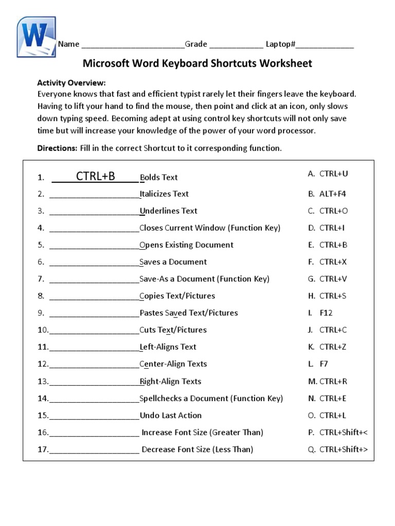 Microsoft Word Basic Keyboard Shortcuts Worksheet | PDF