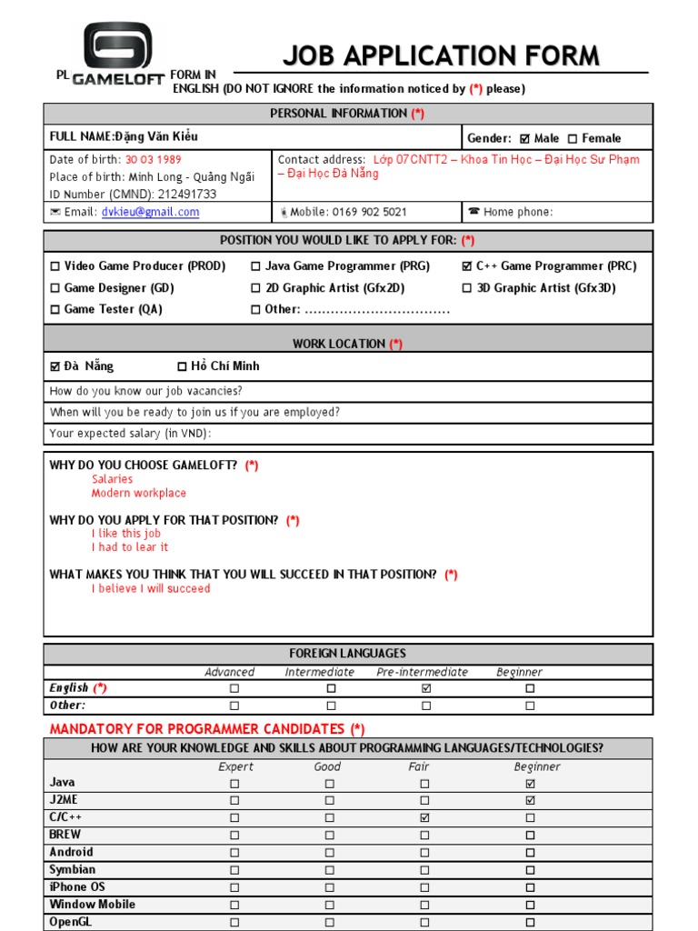 Gameloft Job Application Form | PDF | Mobile Game | Computing