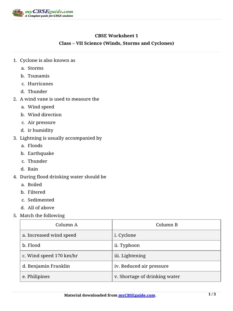 7 Science Worksheet ch8 1 | PDF | Tropical Cyclones | Wound