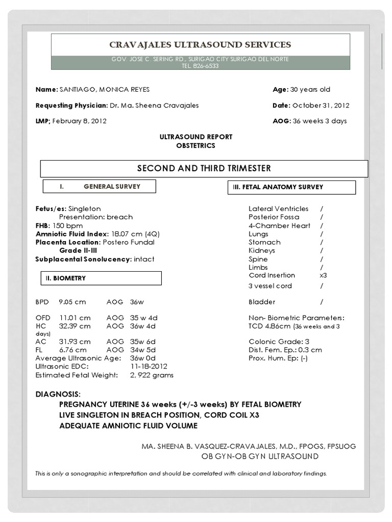 Ultrasound Report for Monica Reyes Santiago Indicating a 36 Week ...