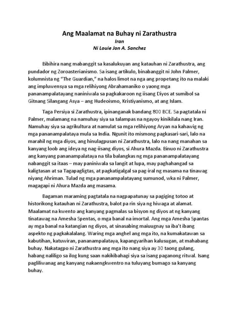 Ang Maalamat Na Buhay Ni Zarathustra | PDF