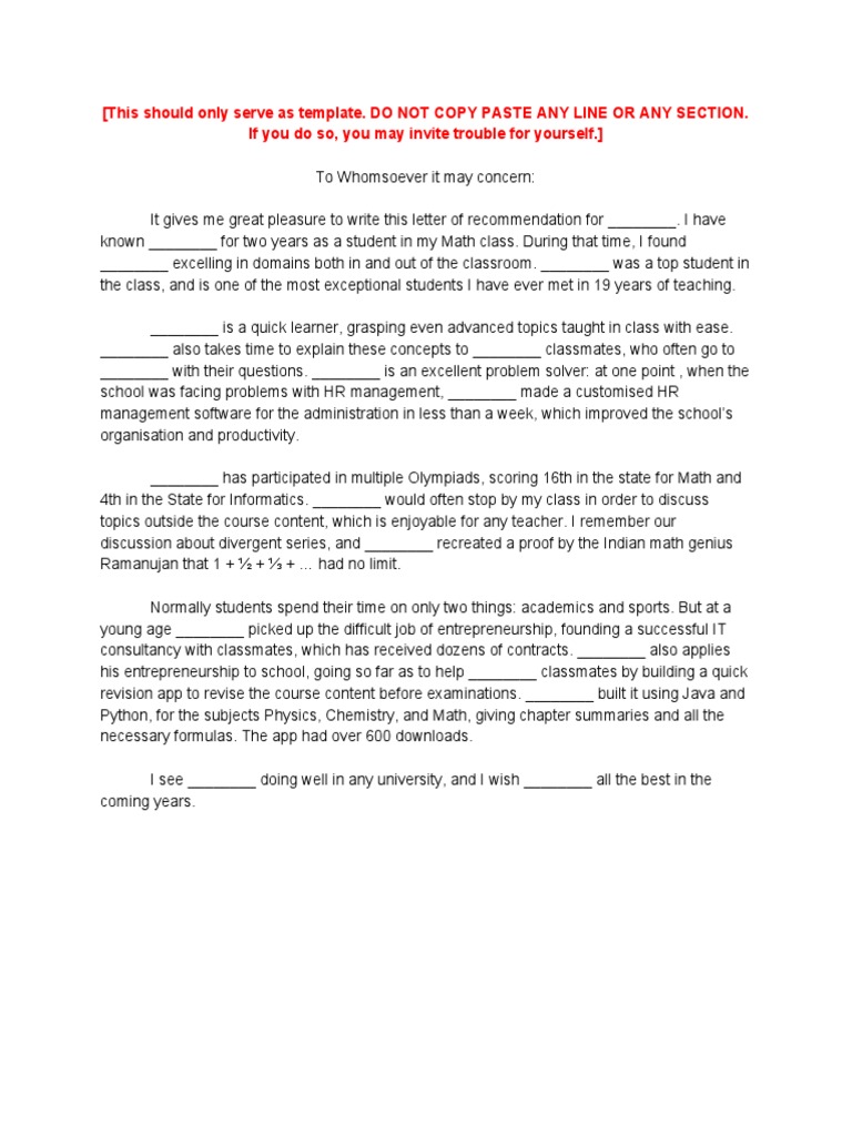 Math Recommendation Template Pdf Teaching Mathematics